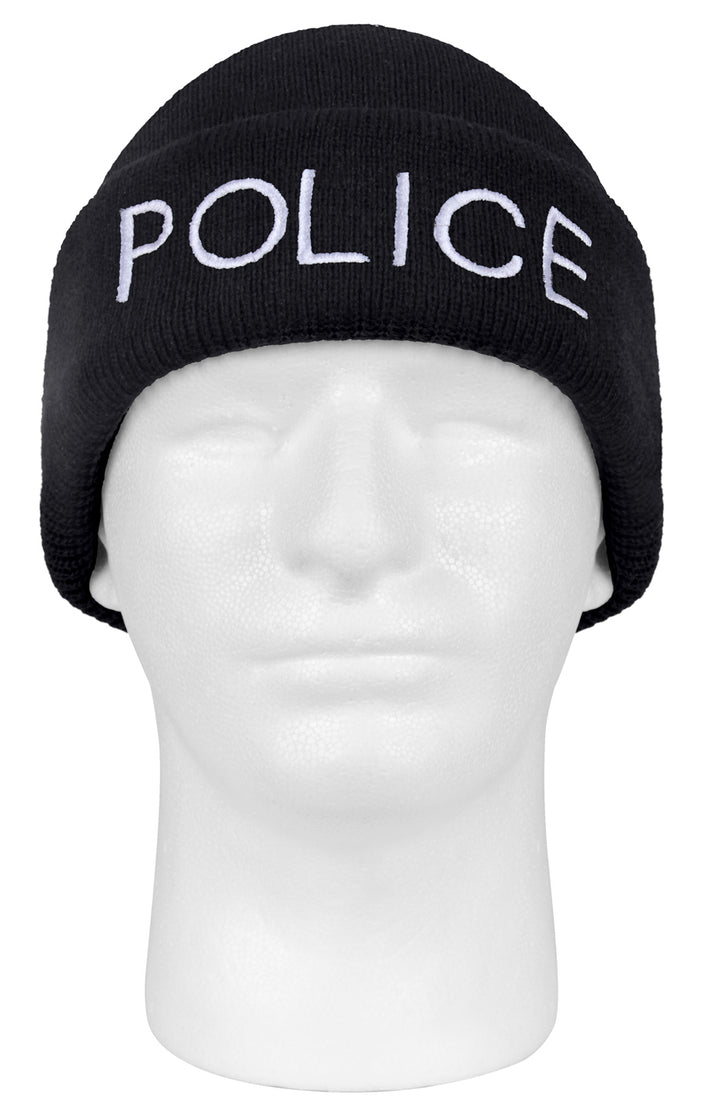 Black POLICE Watch Cap Ski Hat - White Embroidered Winter Hat 100% Acr ...