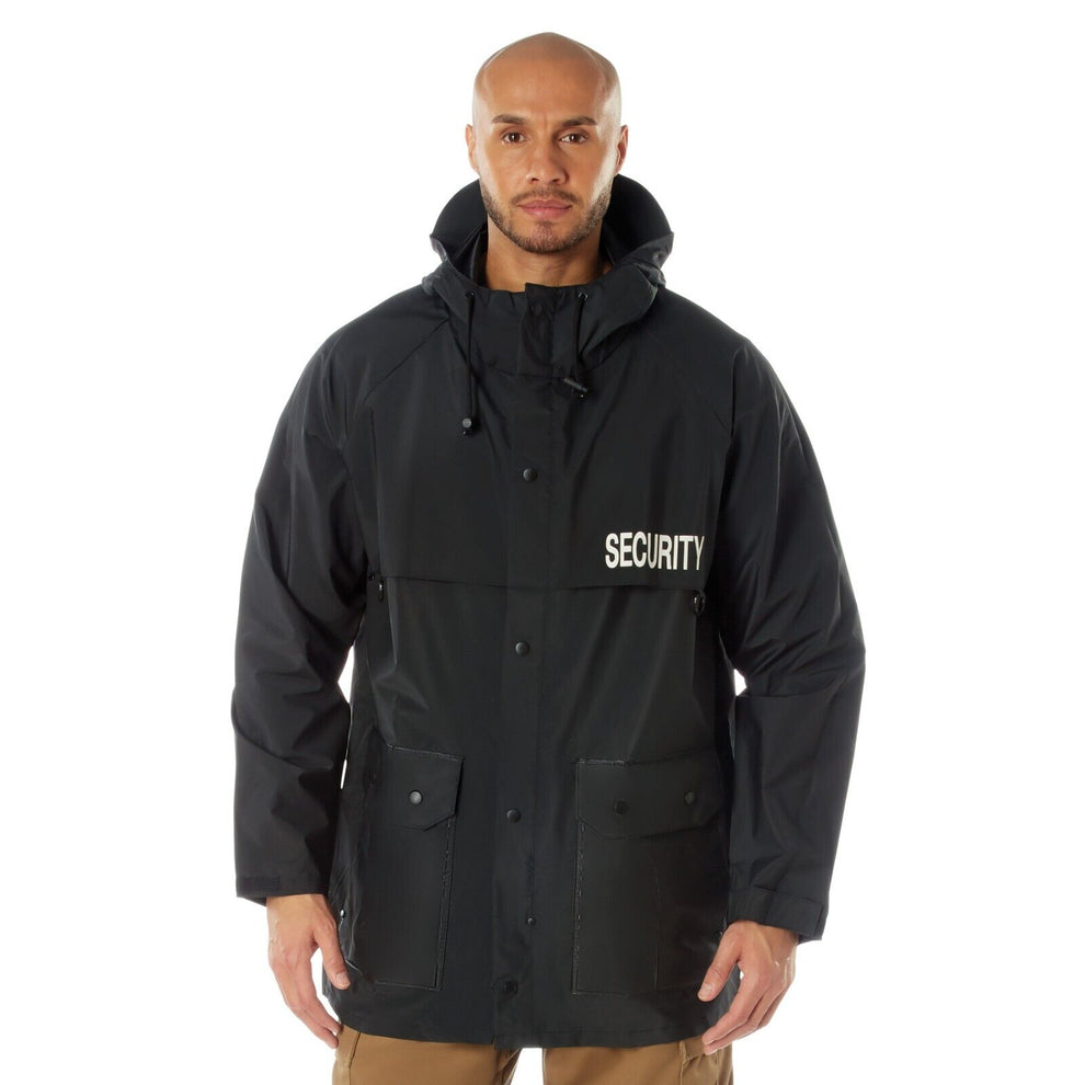 "SECURITY" Nylon Rain Jacket In Black - PVC Zip-Up Rain Coat with Hood ...